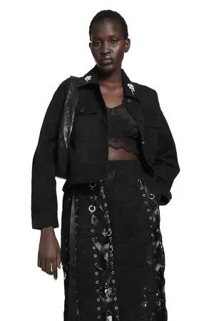 Simone Rocha Cropped Floral Denim Jacquard Jacket With Embellished Collar