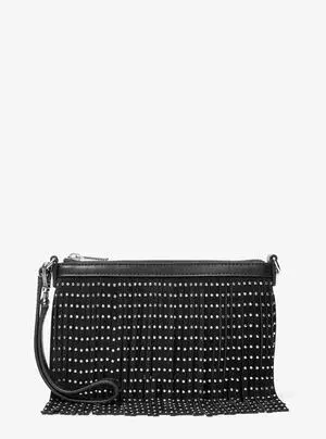 Michael Kors Jet Set Travel Small Studded Fringed Polyester Microsuede Wristlet - Black