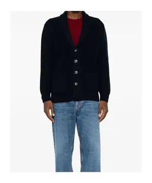 Fedeli Ribbed Knit Shawl Collar Cardigan - Navy Blue