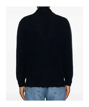 Fedeli Ribbed Knit Shawl Collar Cardigan - Navy Blue