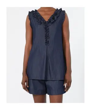 Max Mara Sleeveless Cotton Denim Top With Ruffle Detail - Midnight Blue