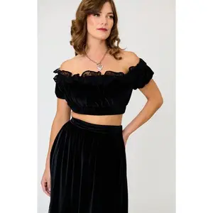 Unique Vintage 1970s Off-the-shoulder Ruffle Crop Top - Black Solid