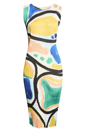 Issey Miyake Roll Pleated Sleeveless Midi Dress - Blue Multi