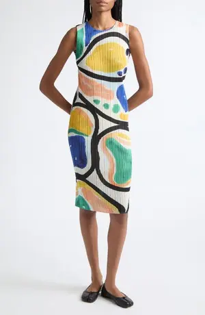 Issey Miyake Roll Pleated Sleeveless Midi Dress - Blue Multi