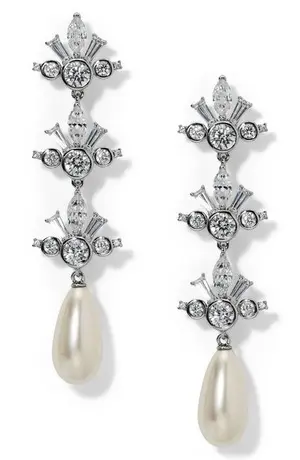 Nadri Imitation Pearl Triple Drop Earrings - Rhodium