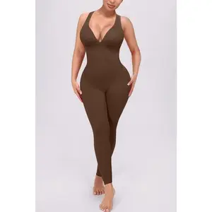 SHAPELLX Plunge Built-in Bra Shaping Jumpsuit Brown
