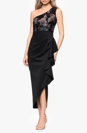 Betsy & Adam Metallic Floral Mixed Media One-shoulder Cocktail Midi Dress - Black/nude