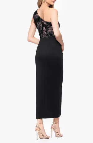 Betsy & Adam One-shoulder Metallic Floral Cocktail Midi Dress