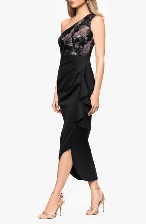 Betsy & Adam One-shoulder Metallic Floral Cocktail Midi Dress