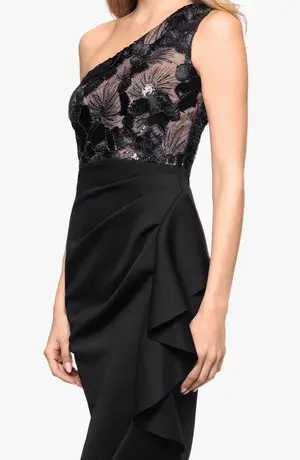 Betsy & Adam One-shoulder Metallic Floral Cocktail Midi Dress