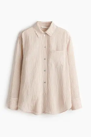 H&M Oversized Crinkled Shirt With Classic Collar - Light Beige/striped