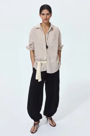 H&M Oversized Crinkled Shirt With Classic Collar - Light Beige/striped