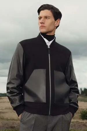 Mackage Tripp Wool Bomber Jacket With Leather Sleeves - Black