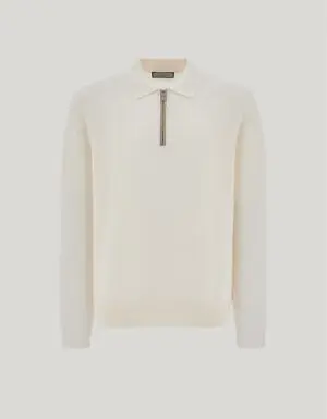 Canali Wool And Cashmere Blend Zip-up Polo Shirt With Nubuck Details - White