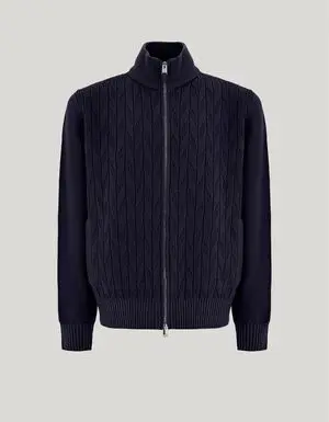 Canali Navy Macro-structured Wool Zippered Cardigan