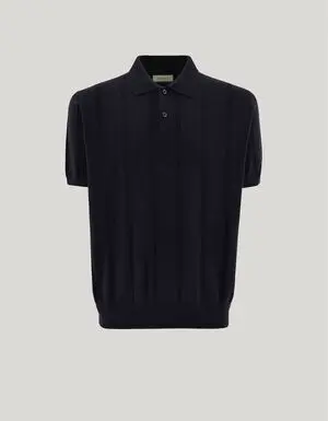 Canali Navy Merino Wool Structured-rib Polo Shirt