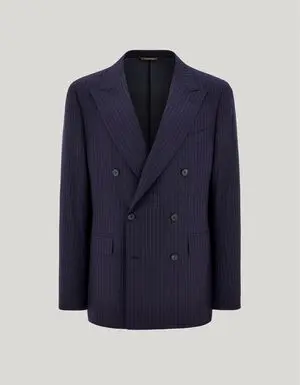 Canali Navy And Gray Wool Double-breasted Pinstriped Modern-fit Jacket - Blue