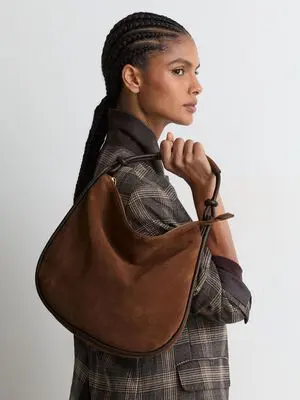REISS Aurelie Suede And Leather Curved Shoulder Bag - Tan