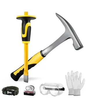 XDOVET Rock Hammer Geology Kit Masonry Chisel Safety Glasses Loupe Gloves Prospecting - Yellow