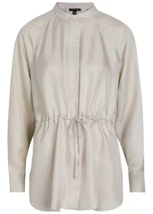 Eileen Fisher Mandarin Collar Silk Shirt With Drawstring Waist