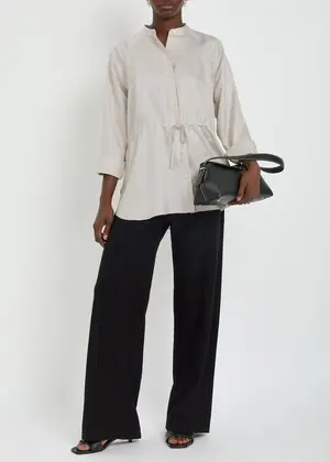 Eileen Fisher Mandarin Collar Silk Shirt With Drawstring Waist