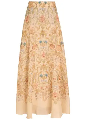 Zimmermann Valiant Printed Linen And Silk-blend Maxi Skirt