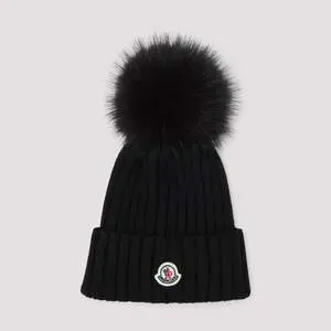 Moncler Ribbed Knit Beanie With Faux Fur Pom Pom - Black