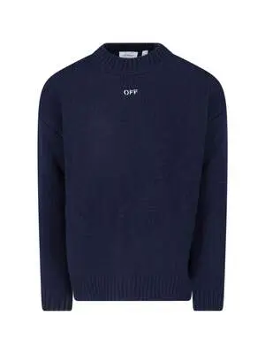 Off-White Crewneck Knit Sweater With Embroidered Detail - Blue