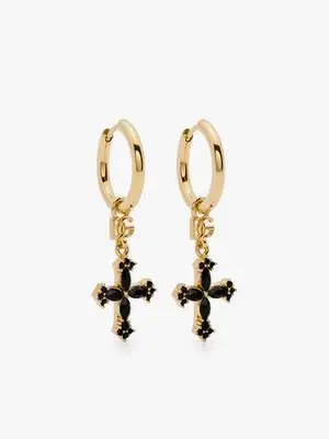 Dolce & Gabbana Gold Tone Hoop Earrings With Black Gemstone Cross - Oro