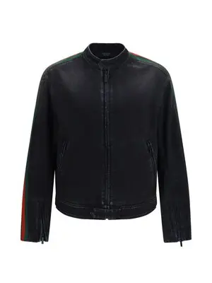 Gucci Denim Jacket With Web Detail - Black