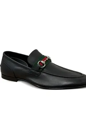 Gucci Leather Loafers With Green And Red Buckle - Black