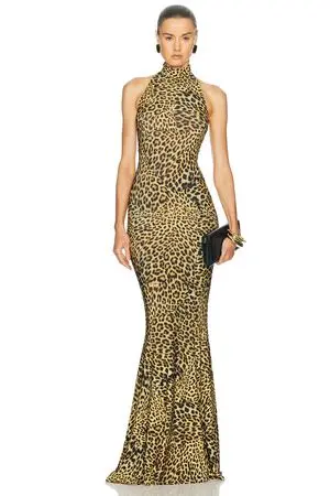 Norma Kamali Halter Turtle Fishtail Gown In Brown - Cheetah Patch