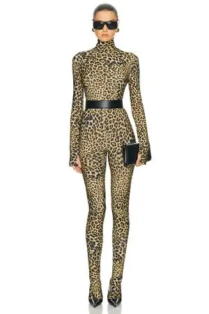 Norma Kamali Long Sleeve Slim Fit Turtle Catsuit With Footie In Brown - Cheetah Patch