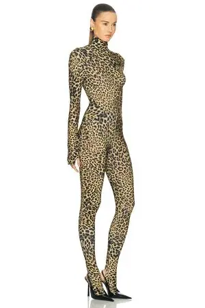 Norma Kamali Long Sleeve Slim Fit Catsuit With Footie In Leopard Print