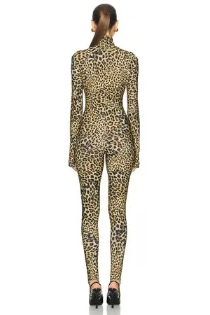 Norma Kamali Long Sleeve Slim Fit Catsuit With Footie In Leopard Print