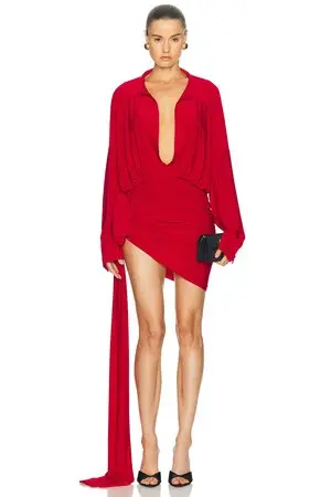 Norma Kamali Oversized Shirt Dress With Draped Side Accent And Bow Detail - Tiger Red