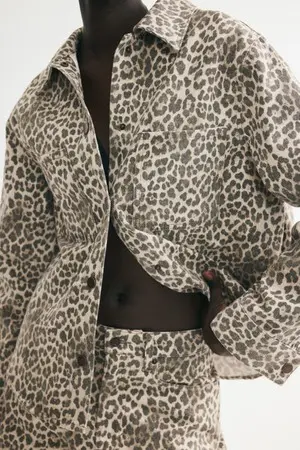 H&M Cotton Denim Overshirt With Leopard Print