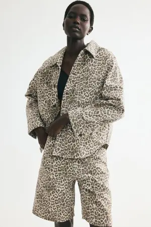 H&M Cotton Denim Overshirt With Leopard Print