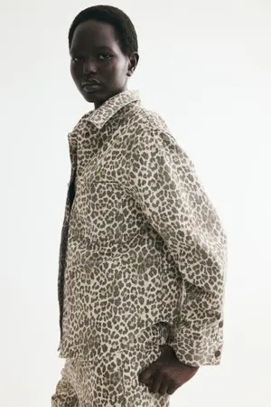 H&M Cotton Denim Overshirt With Leopard Print