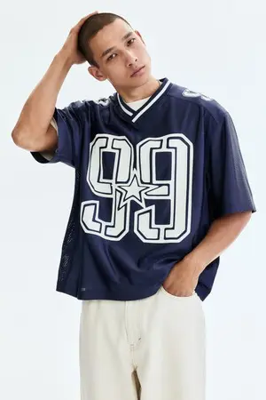 H&M Loose Fit Printed Mesh T-shirt Dark Blue/99
