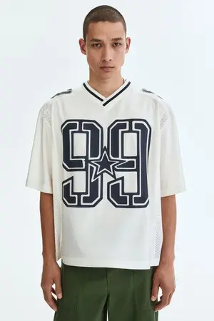 H&M Loose Fit Printed Mesh T-shirt - White/99