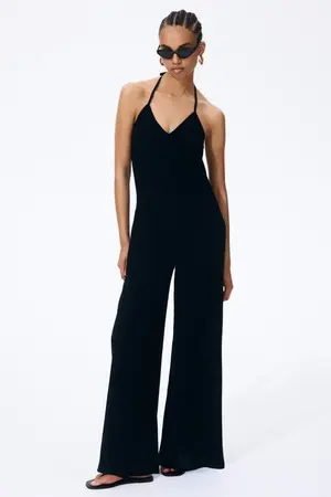 H&M Halterneck Textured Jumpsuit With Wide Legs Black