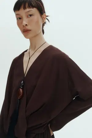 H&M Linen-blend Wrap Blouse - Dark Brown
