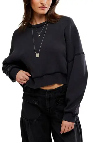 Free People Skyline Waffle Long Sleeve Cropped T-shirt - Black