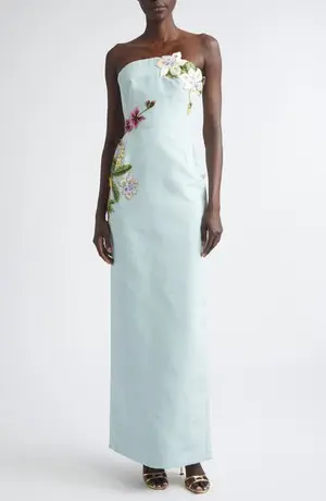 Oscar De La Renta Mixed Botanical Strapless Silk Faille Gown