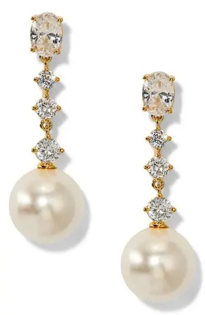 Nadri Imitation Pearl Cubic Zirconia Linear Drop Earrings - Gold