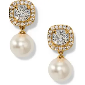 Nadri Halo Imitation Pearl Drop Earrings - Gold