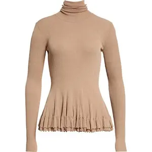 ASHLYN Meritt Ruffle Hem Rib Turtleneck Sweater - Tan