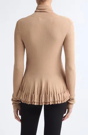 ASHLYN Meritt Ruffle Hem Rib Turtleneck Sweater - Tan