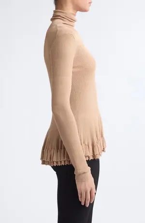 ASHLYN Meritt Ruffle Hem Rib Turtleneck Sweater - Tan